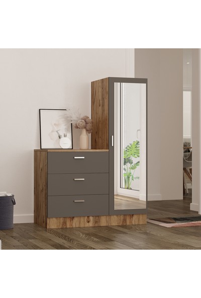 Yurudesign Nancy Aynalı Şifonyer Gardırop Çam-Antrasit Yurudesign Nancy Aynalı Şifonyer Gardırop Çam-Antrasit