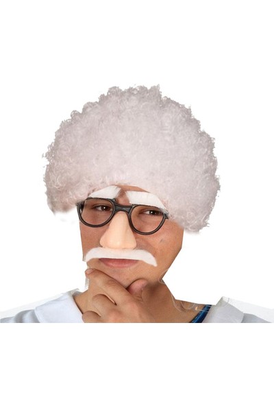 Samur Çılgın Profesör Beyaz Renk Kıvırcık Afro Peruk Bıyık ve Kaş Seti Samur Çılgın Profesör Beyaz Renk Kıvırcık Afro Peruk Bıyık ve Kaş Seti