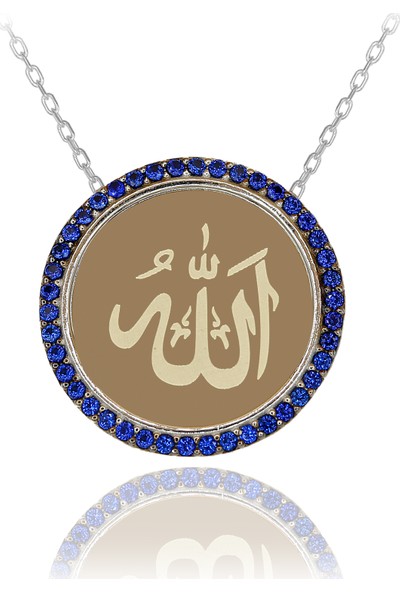 Takı Boom Safir Taşlı Yuvarlak Allah Yazılı Gümüş Kolye