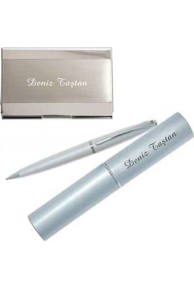 Hediye Rengi İsme Özel Gümüş Kalem Ve Kartvizitlik Seti