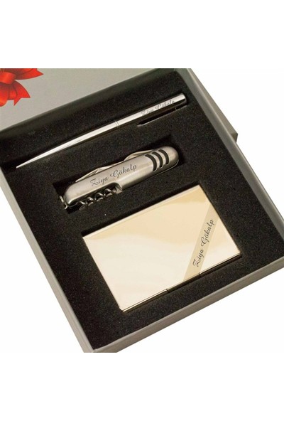 Hediye Rengi İsme Özel Premium Metal Kartvizitlik Çakı Ve Kalem Seti