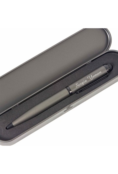 Hediye Rengi İsme Özel İnce Tasarımlı Metal Kutulu Tükenmez Kalem Füme