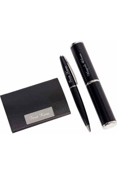 Hediye Rengi İsme Özel Kartvizitlik Ve Kutulu Tükenmez Kalem Seti Siyah Hediye Rengi İsme Özel Kartvizitlik Ve Kutulu Tükenmez Kalem Seti Siyah