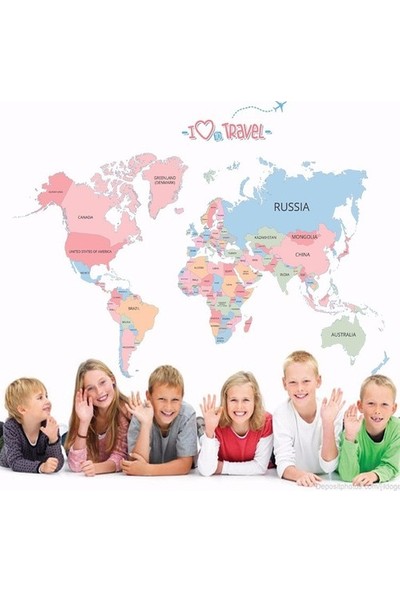 Kt Decoration Dünya Haritası Ülkeler Atlası Siyasi Harita Renkli Pvc Duvar Sticker