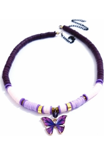 Funny Takı Mor Kelebekli Eflatun ve Mor Tonlarında Fimo Hamur Boncuklu Kolye