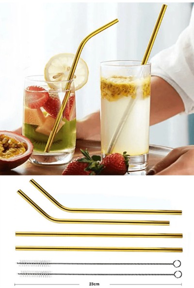 Herkeseuygun 4 Lü Paslanmaz Çelik Pipet + Temizleme Fırçası Gold