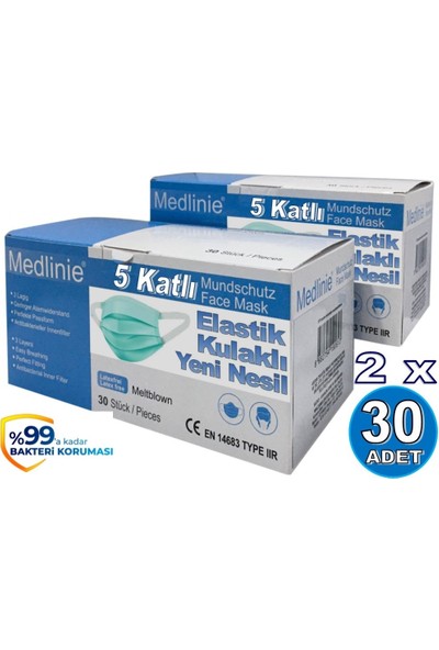 Medlinie 5 Katlı Meltblown Filtreli Yumuşak Elastik Kulaklı Ekstra Koruyucu Açık Yeşil Cerrahi Maske 30'lu x 2 Adet Medlinie 5 Katlı Meltblown Filtreli Yumuşak Elastik Kulaklı Ekstra Koruyucu Açık Yeşil Cerrahi Maske 30'lu x 2 Adet