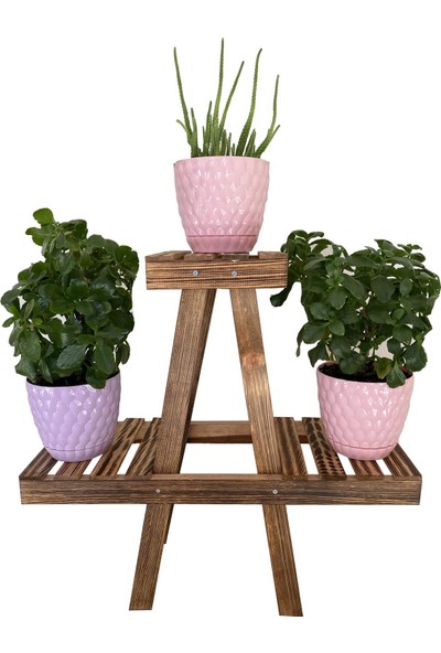 Deha Moda Dekoratif Eskitme-Yakma Ahşap Saksılık Çiçeklik Ahşap Saksı Standı