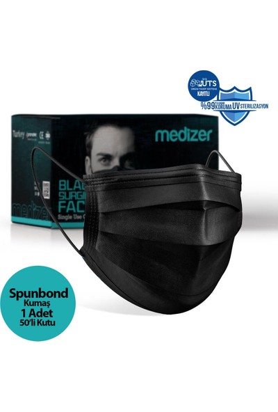 Medizer Full Ultrasonik Cerrahi Ağız Maskesi 3 Katlı Spunbond Kumaş 50 Adet Burun Telli Siyah Medizer Full Ultrasonik Cerrahi Ağız Maskesi 3 Katlı Spunbond Kumaş 50 Adet Burun Telli Siyah