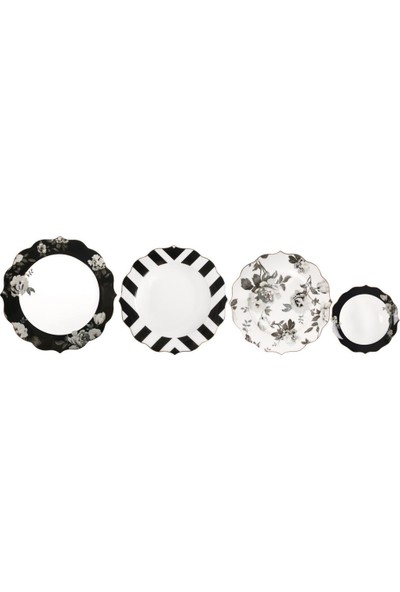 Pink & More Siyah Beyaz Güllü 6 Kişilik 24 Parça Yemek Takımı