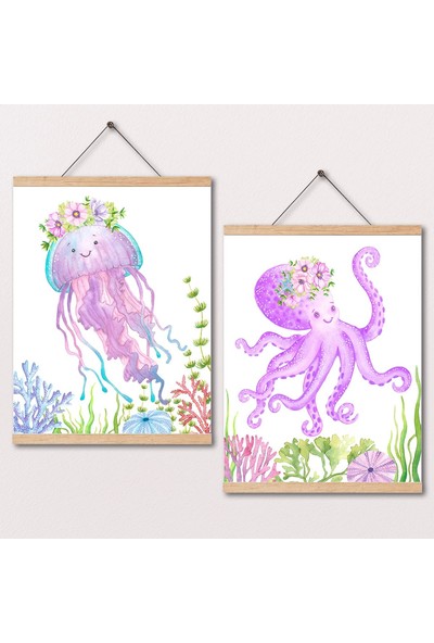 Dekor Loft Denizanası ve Ahtapot Pu Deri Ikili Çocuk Odası Duvar Tablosu AST-547 Dekor Loft Denizanası ve Ahtapot Pu Deri Ikili Çocuk Odası Duvar Tablosu AST-547