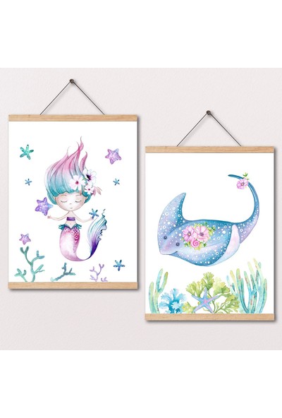 DekorLoft Dekor Loft Çiçekli Denizkızı ve Vatos Pu Deri Ikili Çocuk Odası Duvar Tablosu AST-564 DekorLoft Dekor Loft Çiçekli Denizkızı ve Vatos Pu Deri Ikili Çocuk Odası Duvar Tablosu AST-564