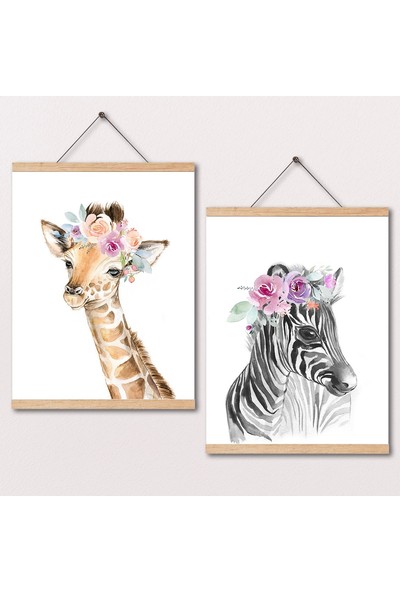 DekorLoft Dekor Loft Çiçekli Zürafa ve Zebra Pu Deri Ikili Çocuk Odası Duvar Tablosu AST-563 DekorLoft Dekor Loft Çiçekli Zürafa ve Zebra Pu Deri Ikili Çocuk Odası Duvar Tablosu AST-563
