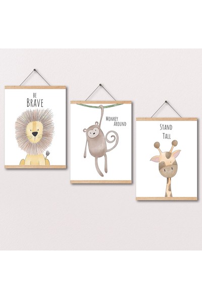 DekorLoft Dekor Loft Aslan Maymun Zürafa Pu Deri Üçlü Çocuk Odası Duvar Tablosu AST-702