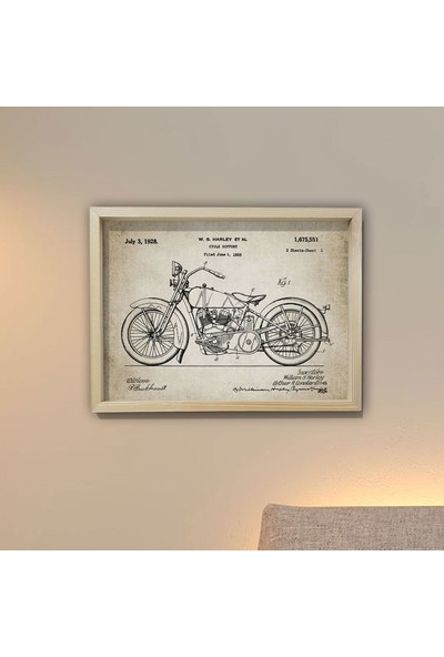 DekorLoft Doğal Çam Çerçeveli Duvar Tablosu Klasik Amerikan Motosiklet Patenti 1928