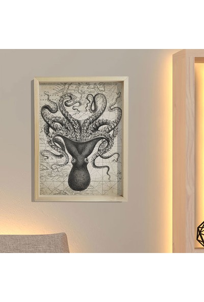 DekorLoft Doğal Çam Çerçeveli Duvar Tablosu Antik Ahtapot ve Harita