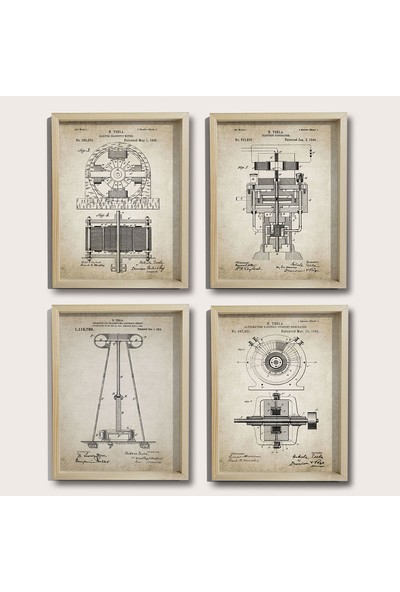 DekorLoft Doğal Çam Çerçeveli Duvar Tablosu Tesla Elektromanyetik Patent Seti 1888 Yılı DekorLoft Doğal Çam Çerçeveli Duvar Tablosu Tesla Elektromanyetik Patent Seti 1888 Yılı