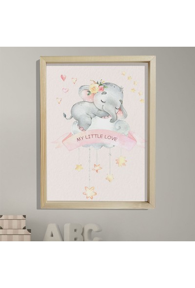 DekorLoft Doğal Çam Çerçeveli Bebek ve Çocuk Odası Duvar Tablosu Tatlı Rüyalar Şirin Fil