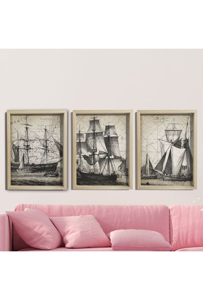 DekorLoft Doğal Çam Çerçeveli Duvar Tablosu Antik Donanma Gemisi Set