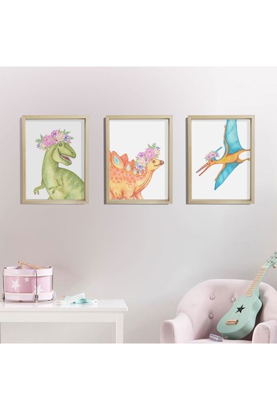 DekorLoft Doğal Çam Çerçeveli Bebek ve Çocuk Odası Duvar Tablosu Çiçekli Sevimli Dinazorlar DekorLoft Doğal Çam Çerçeveli Bebek ve Çocuk Odası Duvar Tablosu Çiçekli Sevimli Dinazorlar