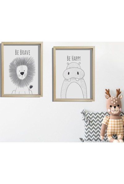 DekorLoft Doğal Çam Çerçeveli Bebek ve Çocuk Odası Duvar Tablosu Aslan ve Hipopotam
