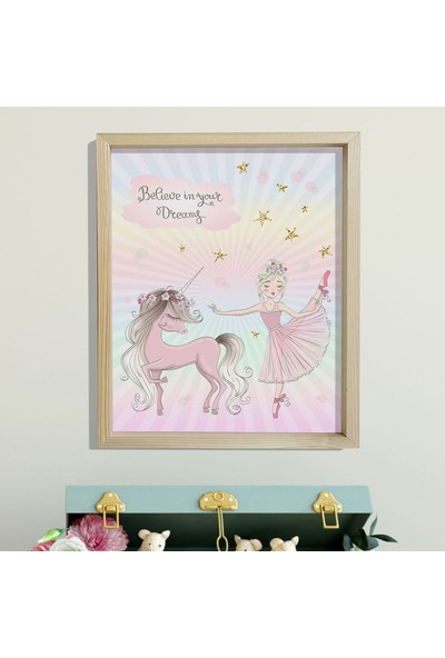 DekorLoft Doğal Çam Çerçeveli Bebek ve Çocuk Odası Duvar Tablosu Gökkuşağı Balerin ve Unicorn DekorLoft Doğal Çam Çerçeveli Bebek ve Çocuk Odası Duvar Tablosu Gökkuşağı Balerin ve Unicorn