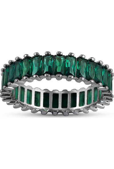 Saray Gümüş Kadın Baget Tam Tur Zümrüt Taşlı Yüzük