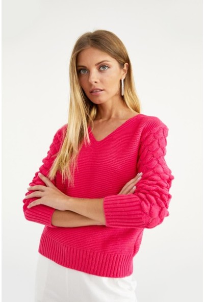 New Laviva Kol Detaylı V Yaka Fuşya Kadın Triko New Laviva Kol Detaylı V Yaka Fuşya Kadın Triko