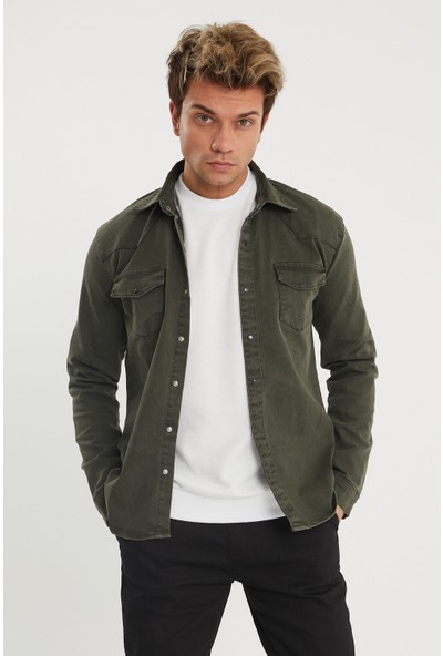 Point Erkek Haki Renk Slım Fıt Gabardin Gömlek
