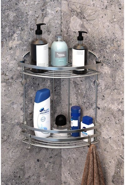 Geseus Paslanmaz Çelik Iki Katlı Kancalı Banyo Köşe Rafı Inox BK082H Geseus Paslanmaz Çelik Iki Katlı Kancalı Banyo Köşe Rafı Inox BK082H