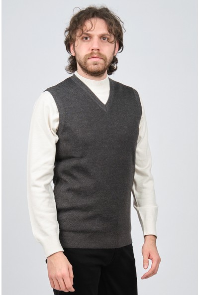 Ateş Triko Erkek V Yaka Desenli Yün Süveter 6091749 Füme