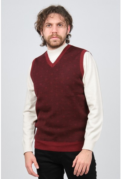 Ateş Triko Erkek V Yaka Desenli Yün Süveter 6091749 Bordo