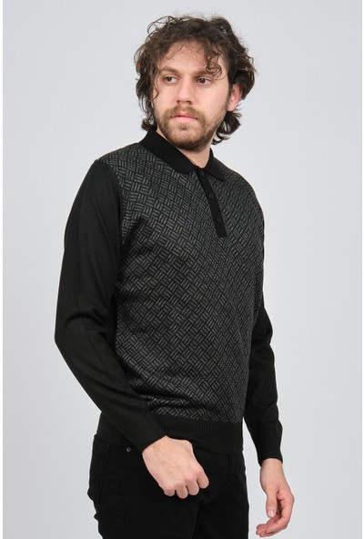 Pave Erkek Polo Yaka Desenli Yün Kazak 4537134 Siyah