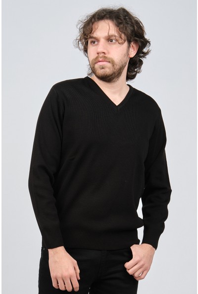 Ateş Triko Erkek V Yaka Düz Kazak 6091026 Siyah