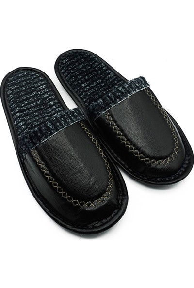 Pnr Terlik Erkek Ev Terliği-Misafir Terliği- Deri Görünümlü Siyah
