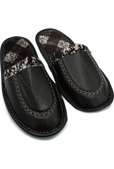 Pnr Terlik Erkek Ev Terliği-Misafir Terliği- Deri Görünümlü Siyah