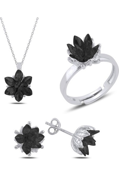 Mercan Silver Lotus Çiçeği Siyah Zirkon Taşlı Set Mercan Silver Lotus Çiçeği Siyah Zirkon Taşlı Set