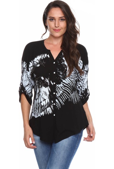 Zer Otantik Baskılı Taş Detay Büyük Beden Gömlek Bluz Siyah