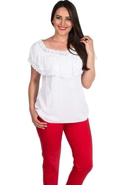Zer Otantik Fırfırlı Dantel Yaka Büyük Beden Bluz Beyaz