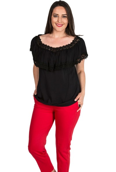 Zer Otantik Fırfırlı Dantel Yaka Büyük Beden Bluz Siyah