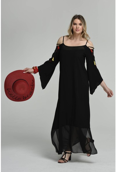 Zer Otantik Kolu Şifon ve Boncuklu Büyük Beden Askılı Elbise Siyah