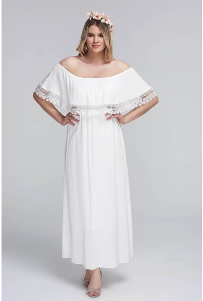 Zer Otantik Güpürlü Madonna Yaka Elbise Beyaz