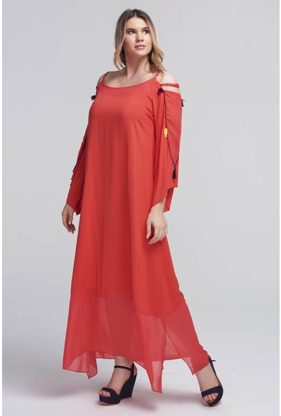 Zer Otantik Kolu Şifon ve Boncuklu Büyük Beden Askılı Elbise Turuncu Zer Otantik Kolu Şifon ve Boncuklu Büyük Beden Askılı Elbise Turuncu