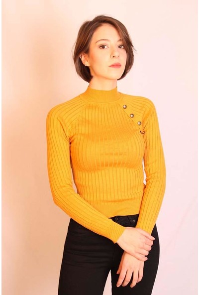 Pavor Kadın Hardal Düğme Detaylı Balıkçı Kazak