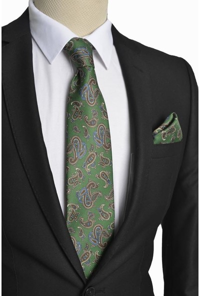 Brianze Şal Desen Italyan Stil Yeşil Mendilli Kravat