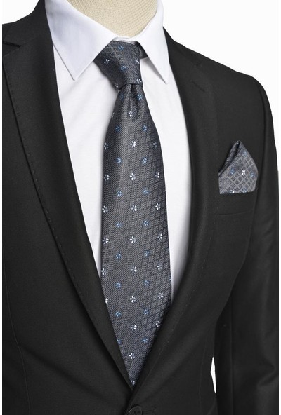 Brianze Çiçek Desen Italyan Stil Lacivert Mendilli Kravat