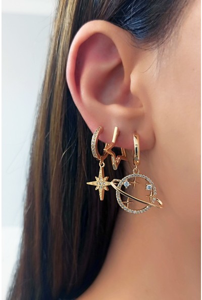 ÇLK Accessories 3'lü Zirkon Taşlı Satürn ve Kuzey Yıldızı Kombin Küpe 3754 B33503