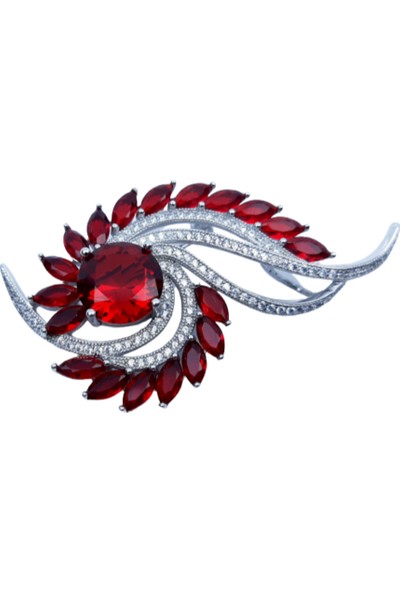 Candie Silver Kırmızı Zirkon Taşlı 925 Ayar Gümüş Kadın Broş