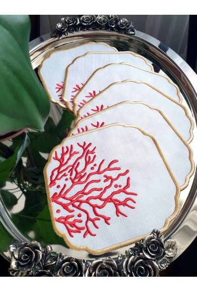 Tanem Home Mercan Nakışlı Gardenya Keten Kumaş Kokteyl Peçetesi, Bardak Altlığı 6'lı Set