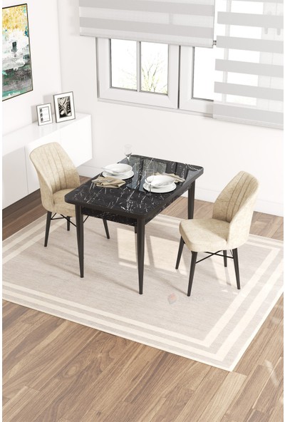 Rovena Lera Serisi Beyaz Mermer Desenli Ahşap Ayaklı Sabit Masa Takımı +2 Adet Sandalye